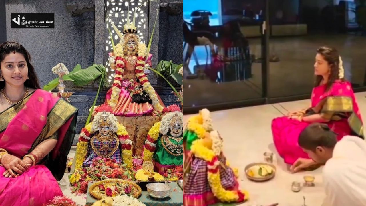 மனமுருகி சாமி முன் அமர்ந்து கும்பிட்ட நடிகை சினேகா